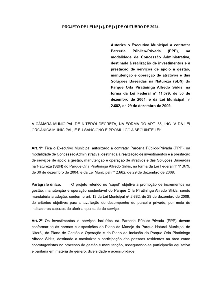 Projeto de Lei Autorizativa PPP Pop Niteroi | PDF