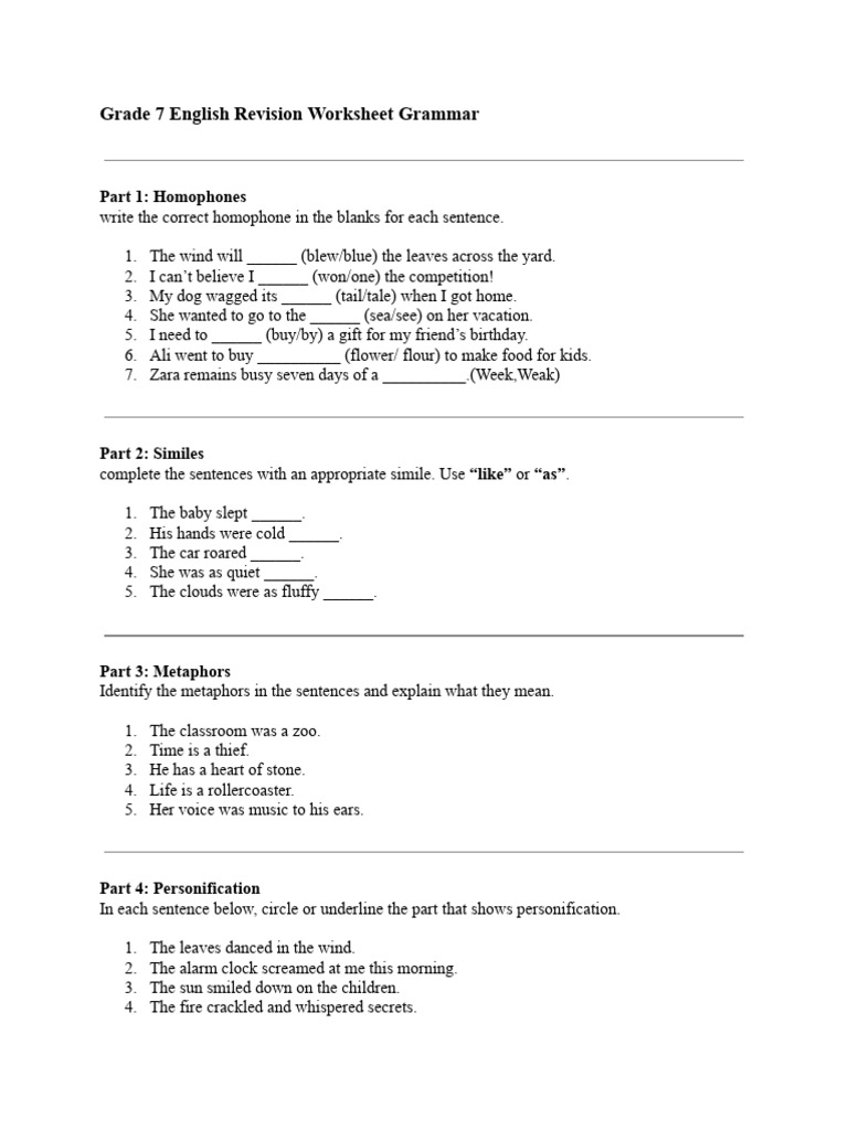 Grade 7 English Revision Worksheet Grammar.docx | PDF