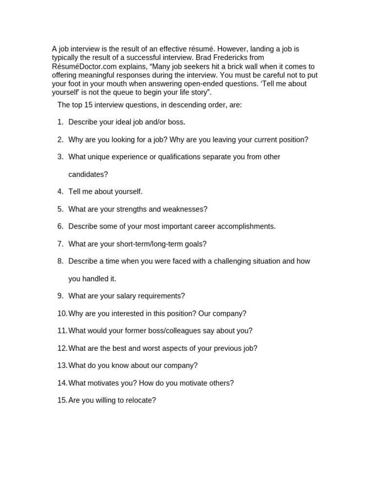 Job Interview Questions and Sample Answers | PDF | Job Interview ...