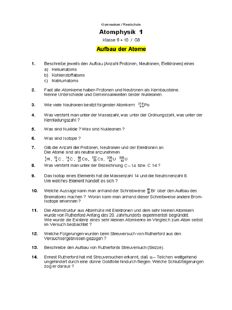 Atomphysik 1 - Klasse 9-10 Atomaufbau | PDF