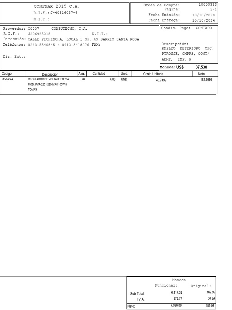Cantidad Código Unid. Costo Unitario Alm. Descripción Neto: Moneda | PDF