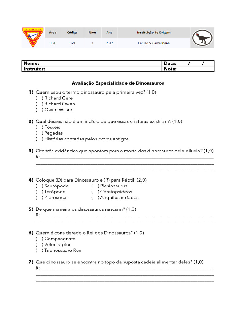Prova Especialidade de Dinossauros - Desbravadores | PDF