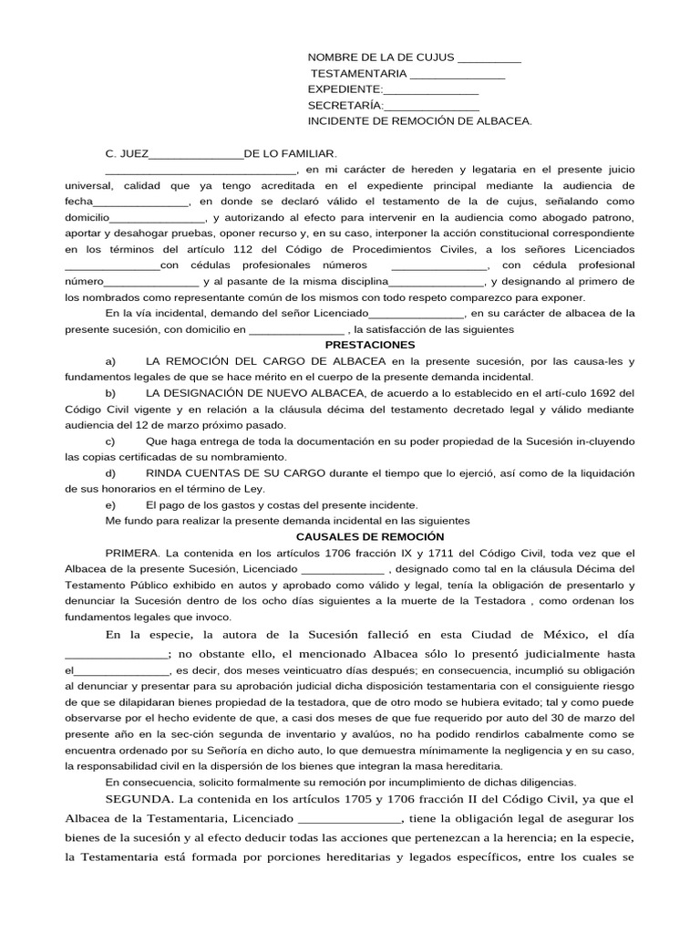 Modelo de Escrito Incidental Sobre Remoción Del Cargo de Albacea | PDF ...