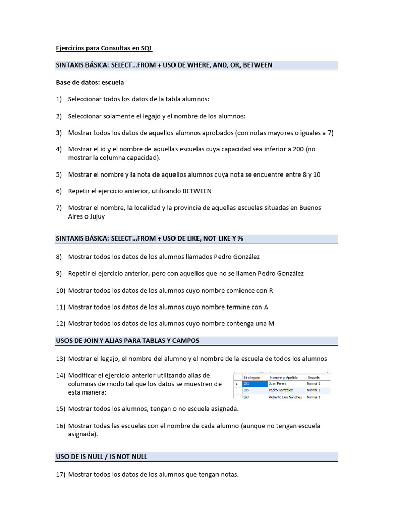 Ejercicios para Consultas en SQL - Escuelas | PDF