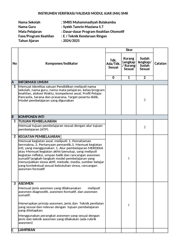 InstrumenValidasi MA DPKO X TM | PDF