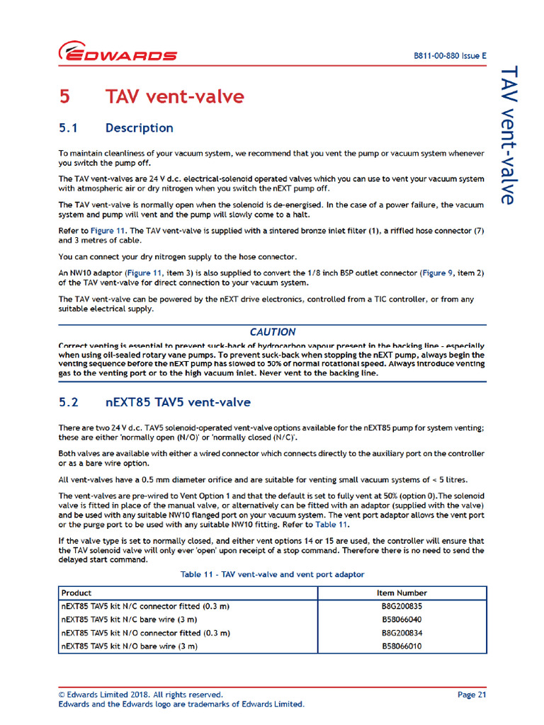 Edwards Vent Valve TAV5 Operating Manual | PDF