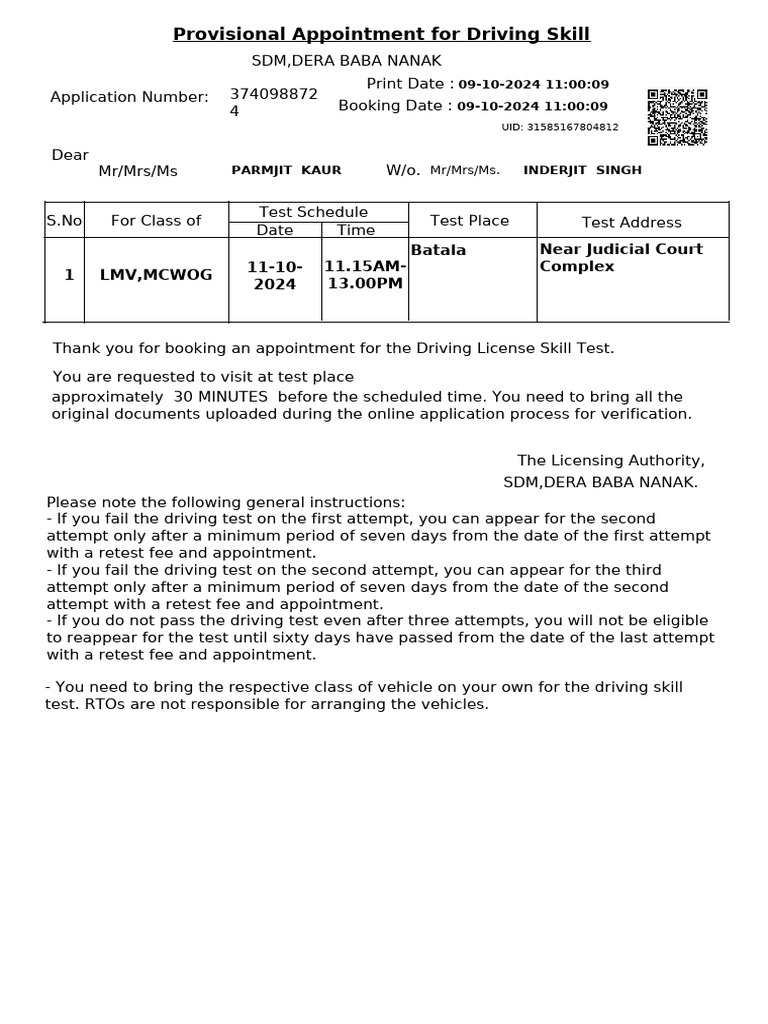 Provisional Appointment For Driving Skill: 1 LMV, Mcwog 11-10-2024 11 ...