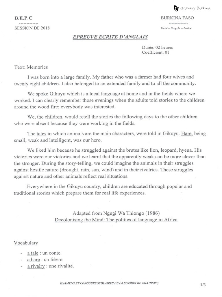 BEPC 2018 Anglais | PDF