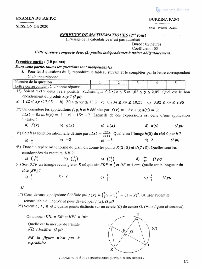 BEPC-2020-Maths Tr2 | PDF