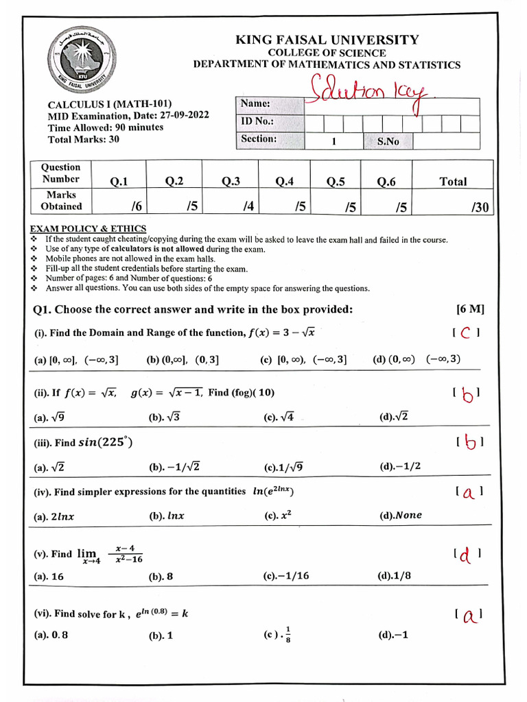Cal 1 Mid Solution Key - Sep 2022 | PDF