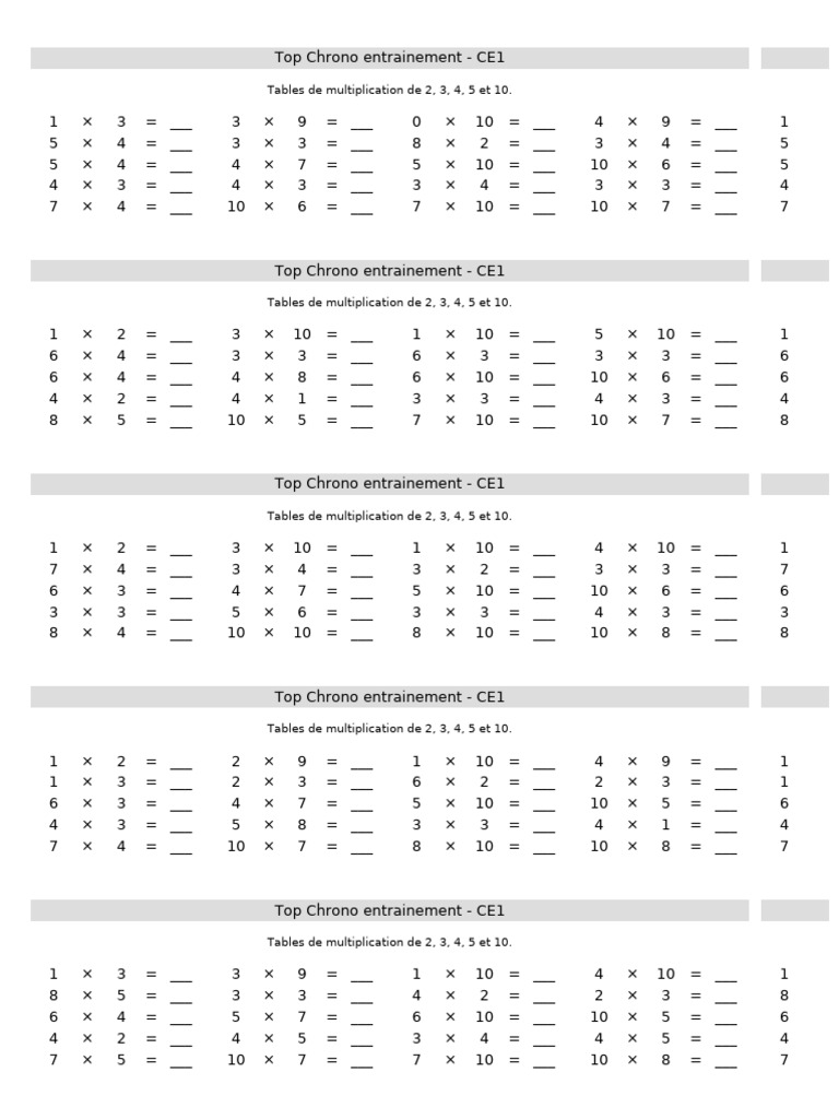 CE1 TopChrono 33 Tables de Multiplication de 2 3 4 5 Et 10 | PDF