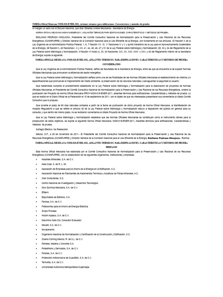 NOM-018-ENER-2011: Aislantes Térmicos | PDF | Calidad (comercial) | México