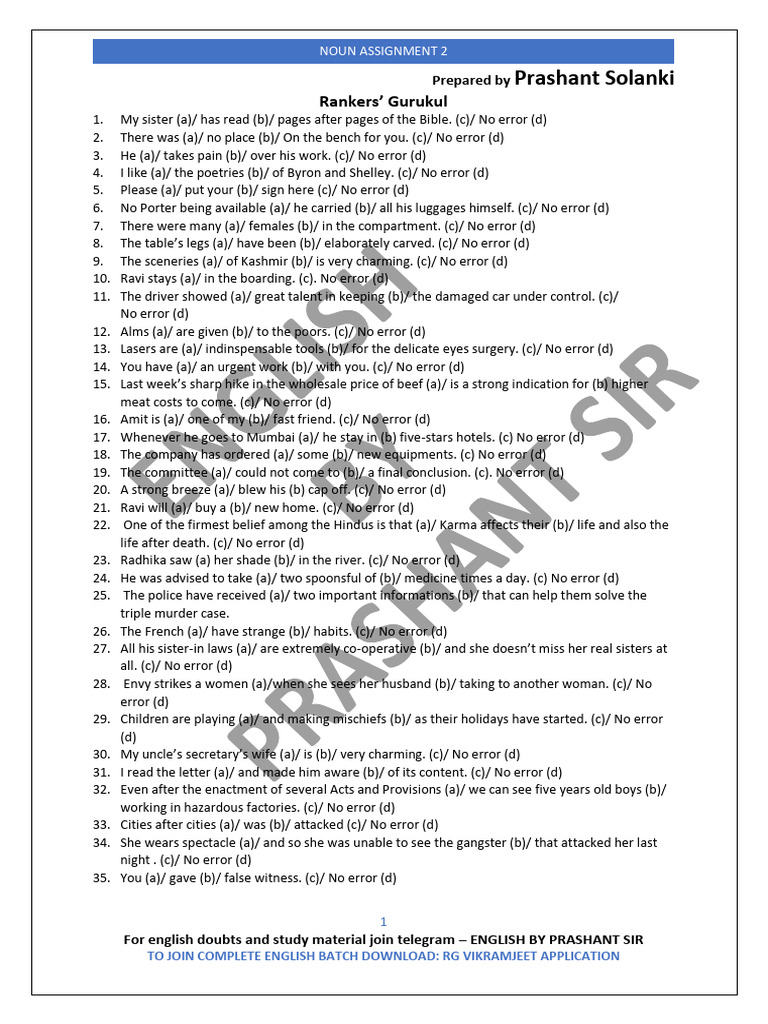 900 GRAMMAR NOUN NOUN Assignment Sheet 05 Error Detection | PDF