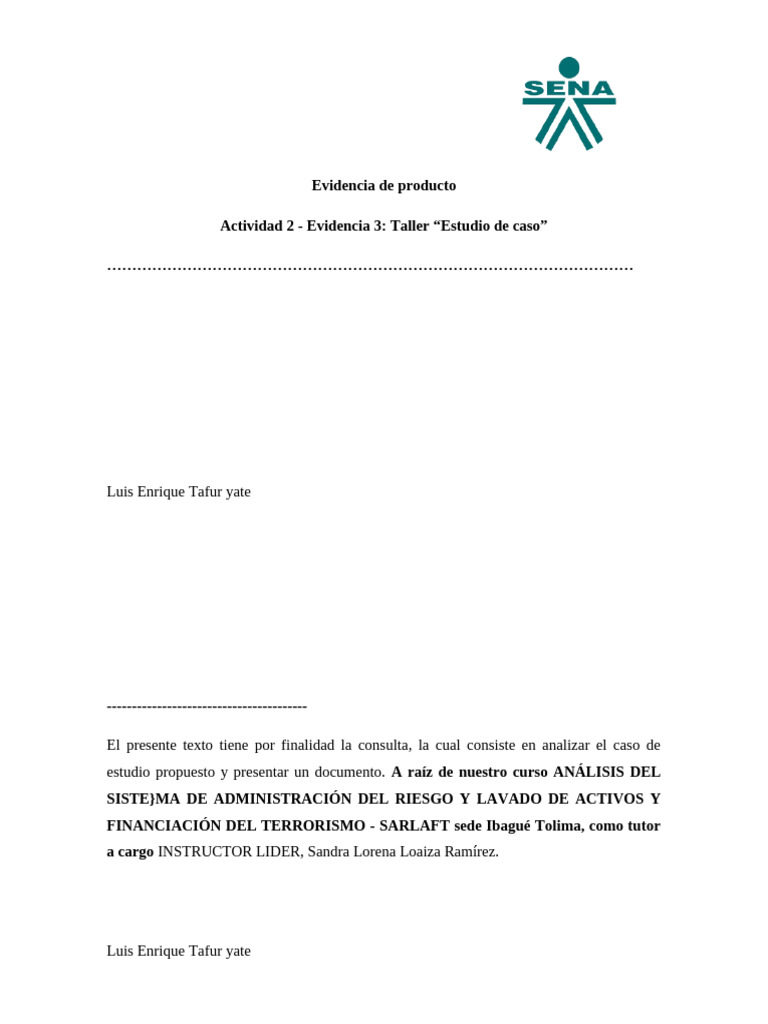 Actividad 2 - Evidencia 3 Taller "Estudio de Caso" | PDF