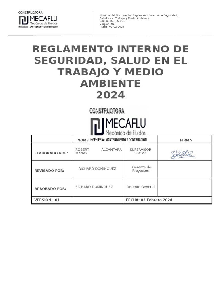 Reglamento Interno de Seguridad y Salud en El Trabajo | PDF | Seguridad y salud ocupacional ...