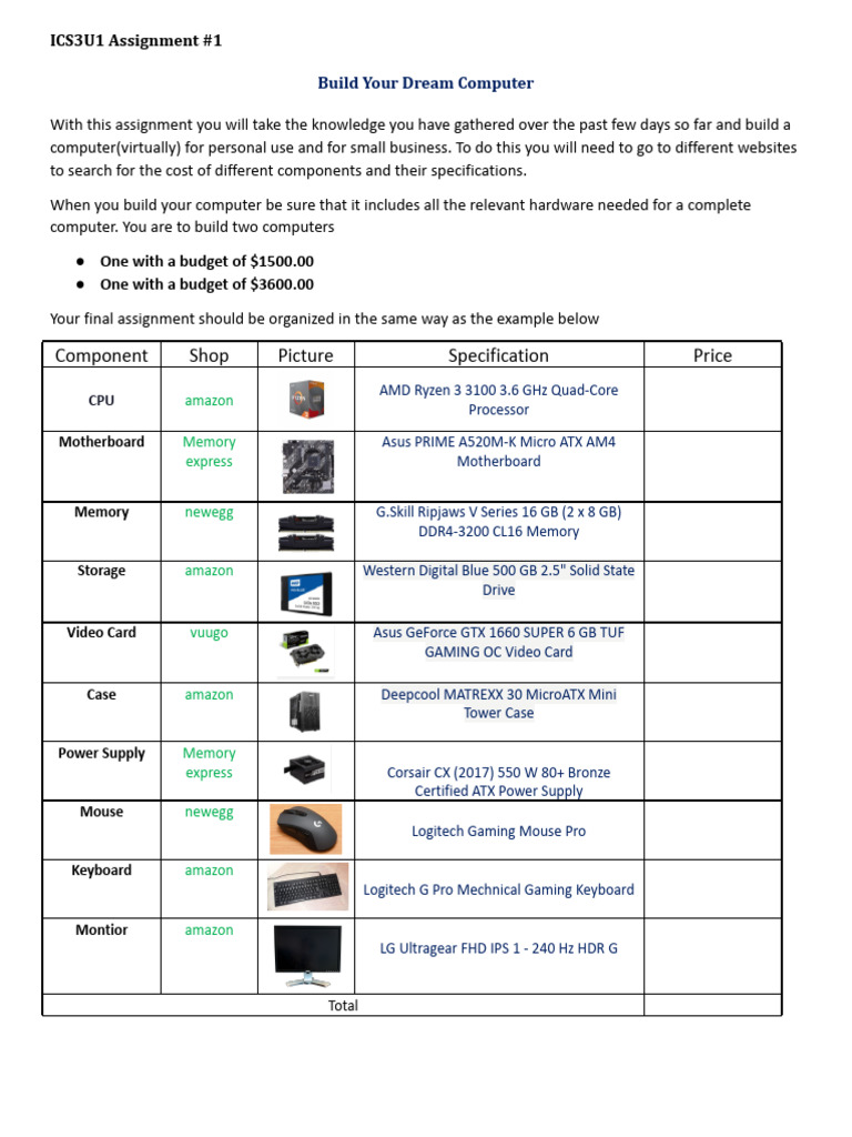 Updated - Fall 24 ICS3U1 Assignment1 Build Your Dream Computer | PDF