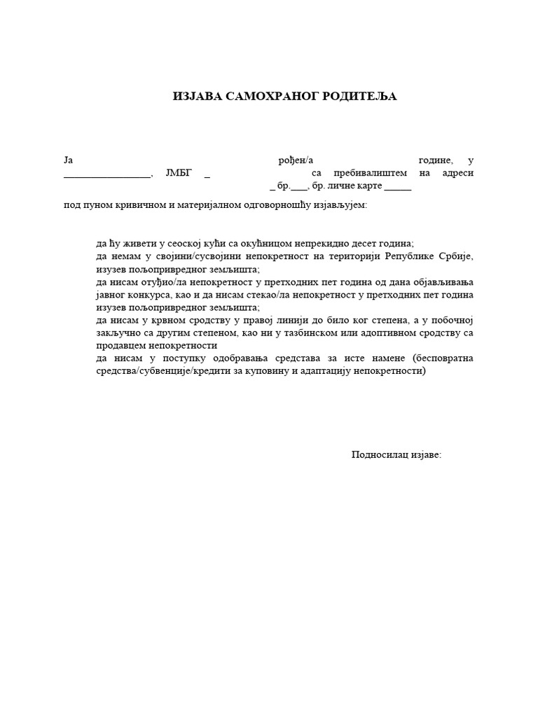 5 Izjava Samohranog Roditelja | PDF