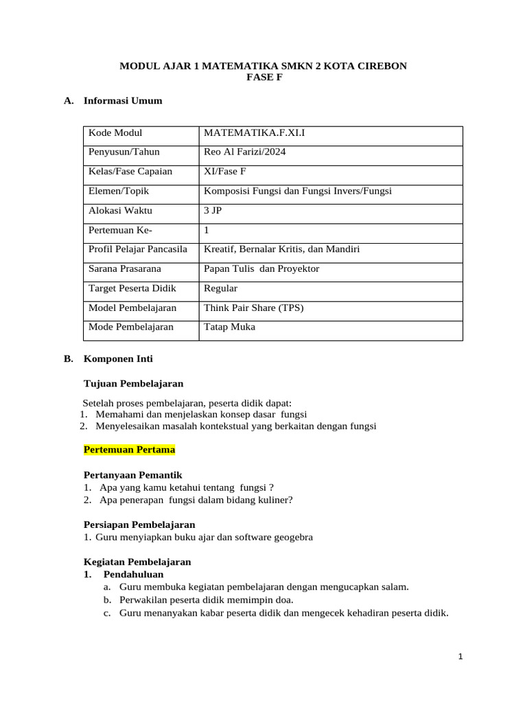 Modul Ajar Fungsi Terbaru | PDF