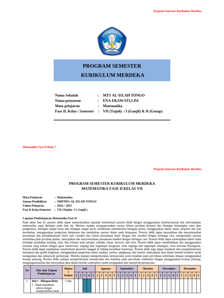 Promes Matematika Kelas 7 | PDF