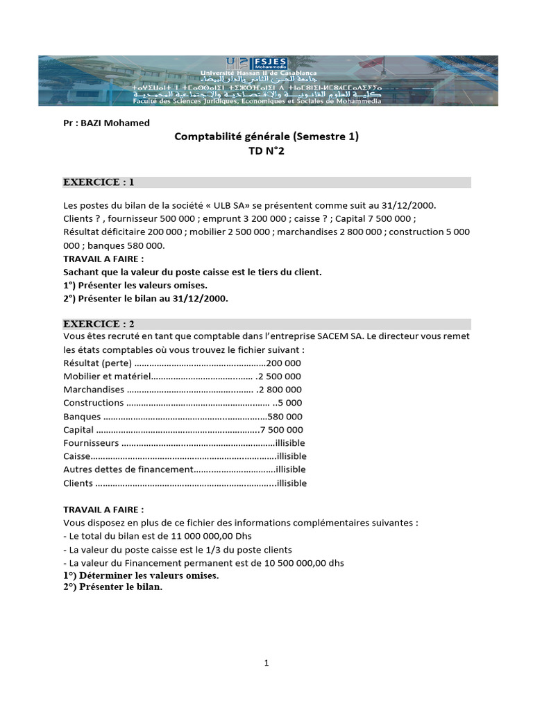 TD2 Compta Générale Sans Corrigé | PDF