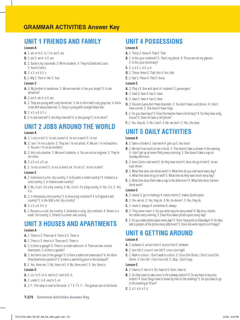 World English 3e Level Intro Grammar Activities Answer Key | PDF