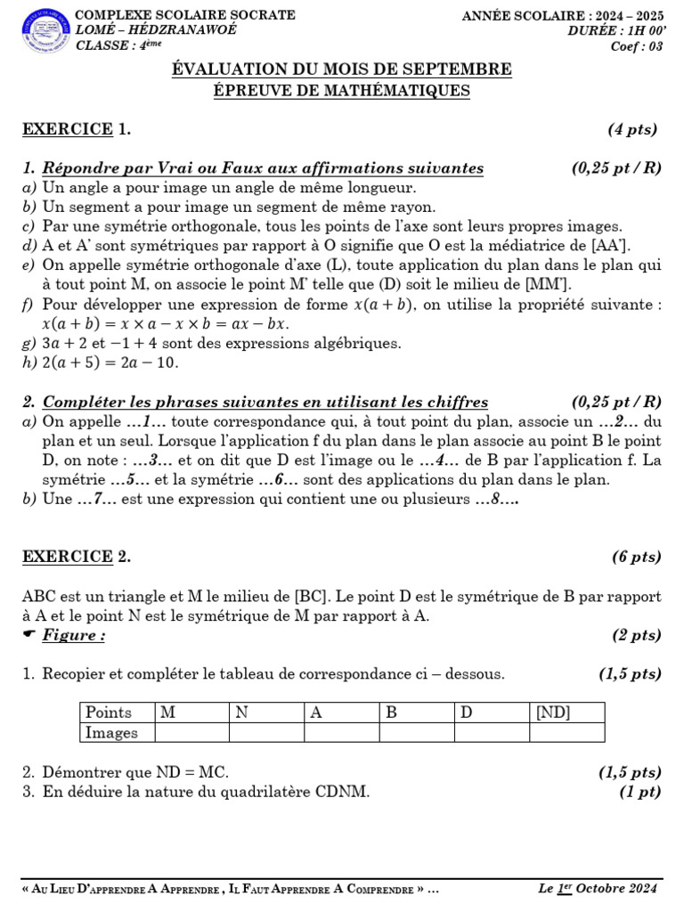Epreuve de Maths 4eme - Evaluation Du Mois de Septembre | PDF