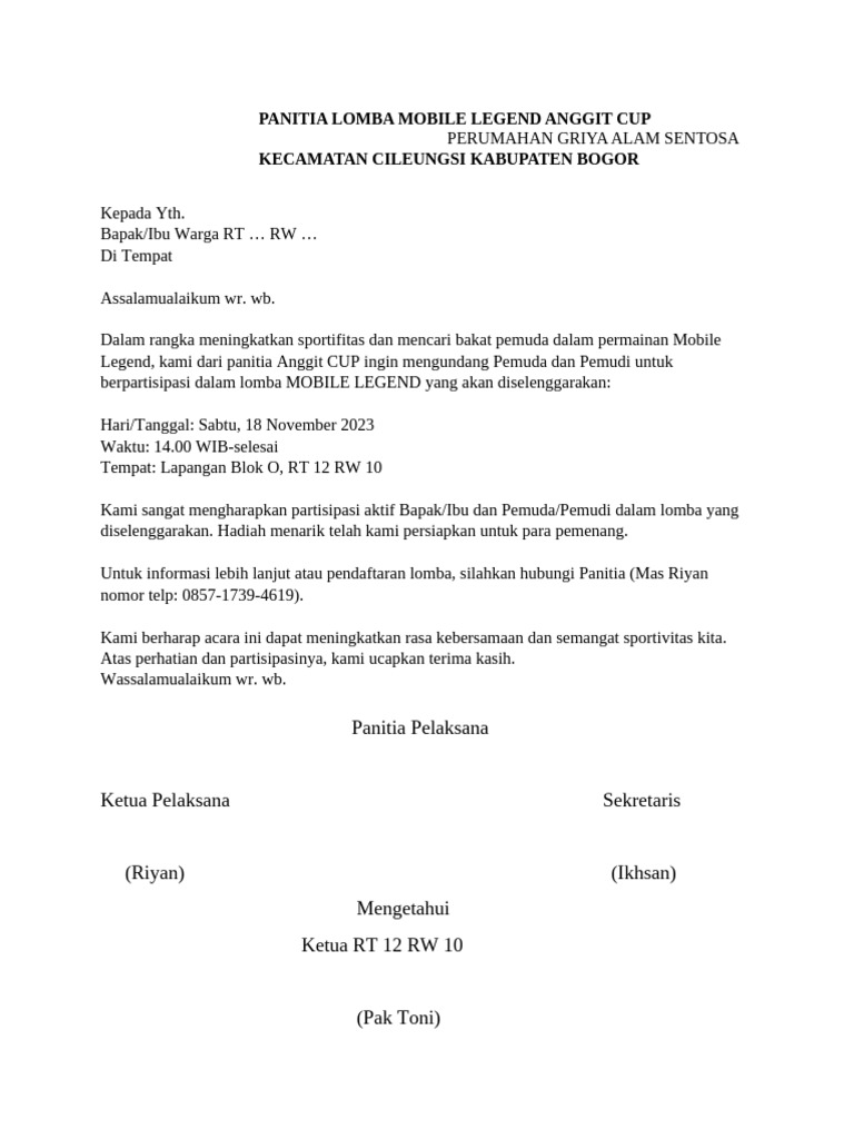 Surat Undangan Mobile Legend Anggit Cup | PDF