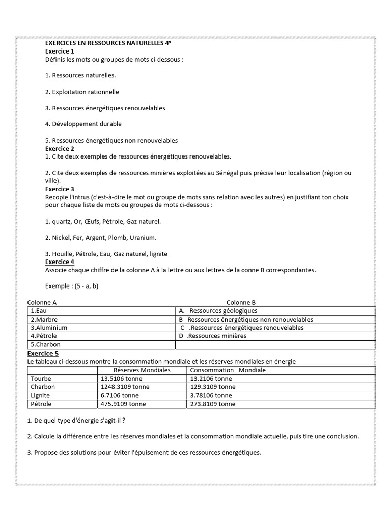 Exercices Ressources Naturelles | PDF