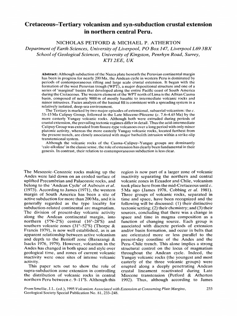 Petford Atherton 1994 Cretaceous Tertiary Volcanism and Syn Subduction ...