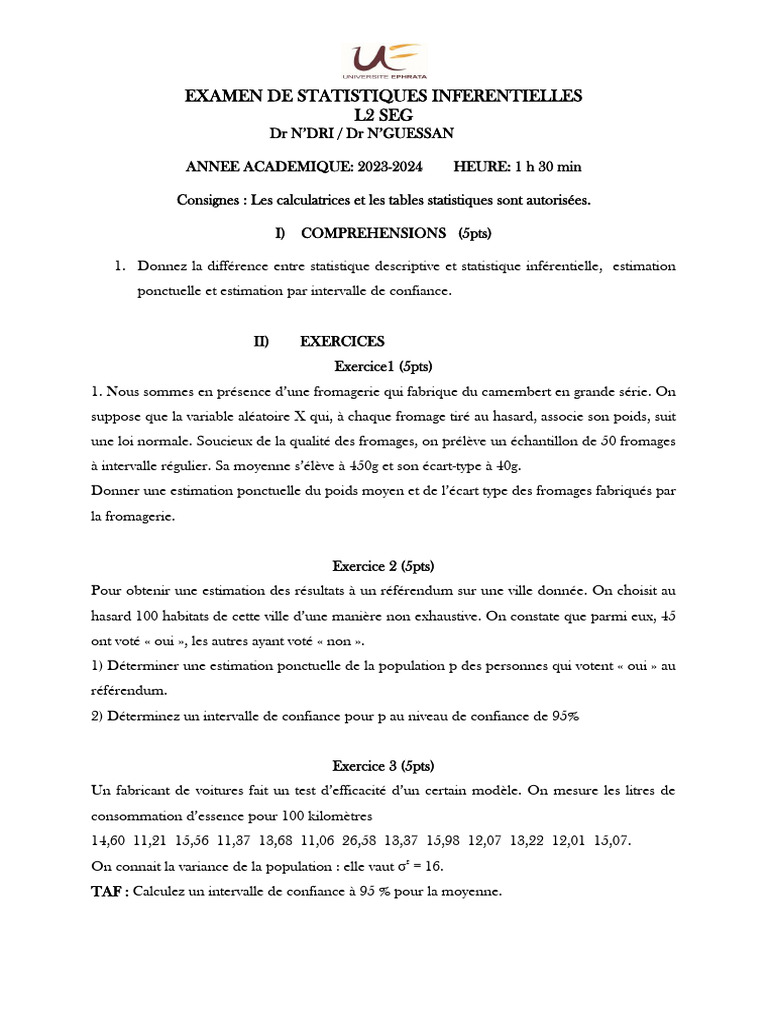 Examen de Statistiques Inferentielles L2 Eco Ephrata | PDF