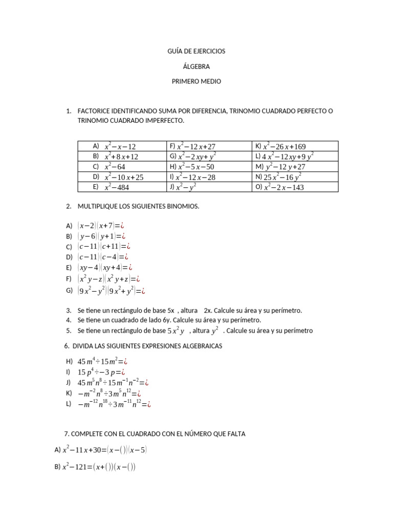Guía de Ejercicios Algebra | PDF