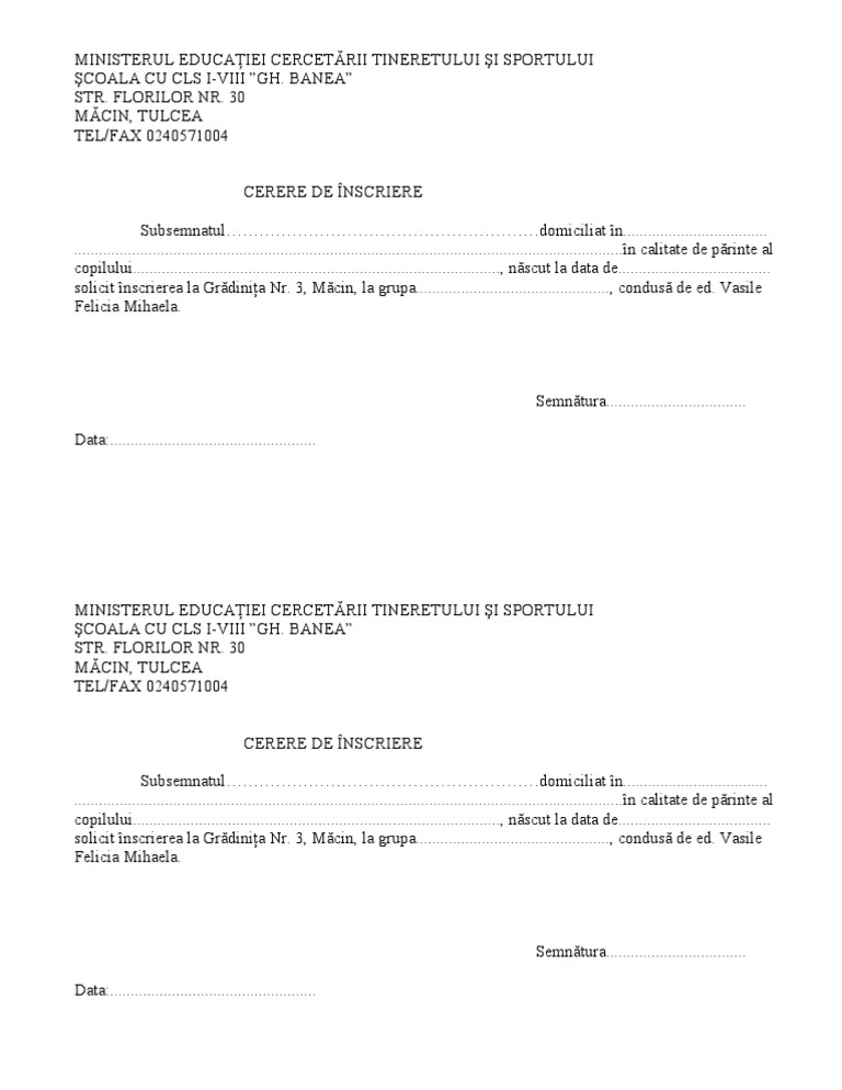 Cerere Inscriere Gradinita | PDF