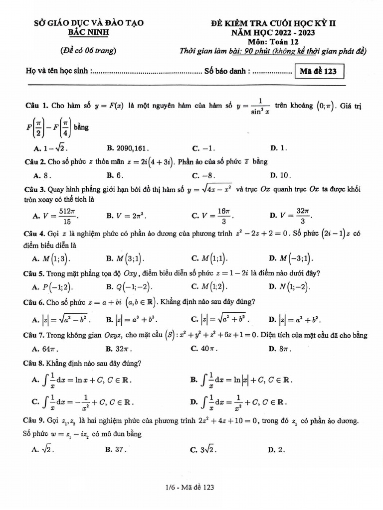 De Kiem Tra Cuoi Hoc Ky 2 Toan 12 Nam 2022 2023 So GDDT Bac Ninh | PDF