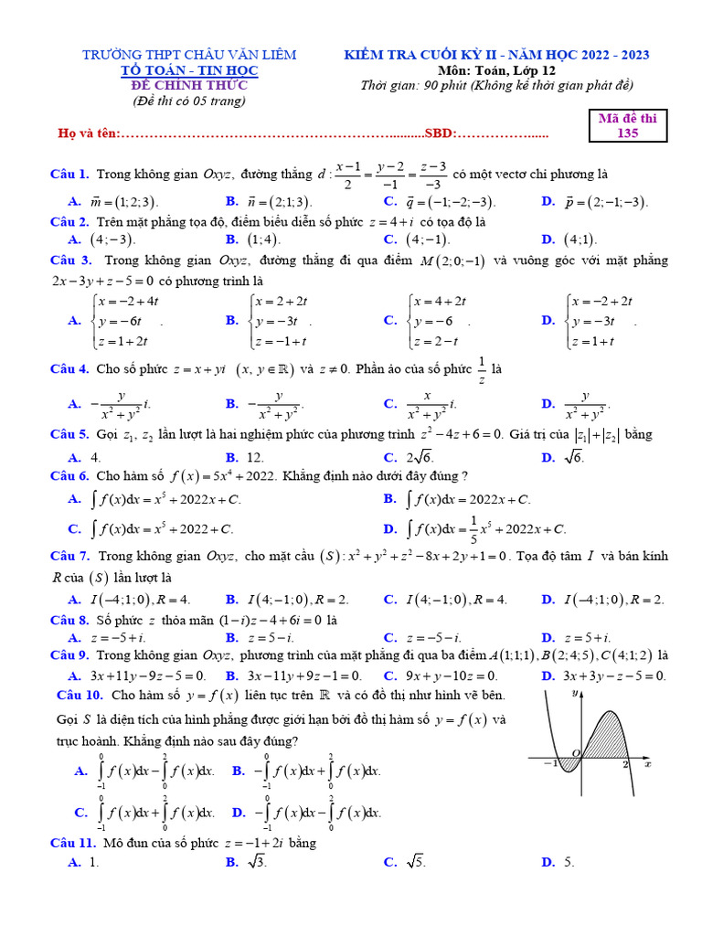De Cuoi Ky 2 Toan 12 Nam 2022 2023 Truong THPT Chau Van Liem Can Tho | PDF