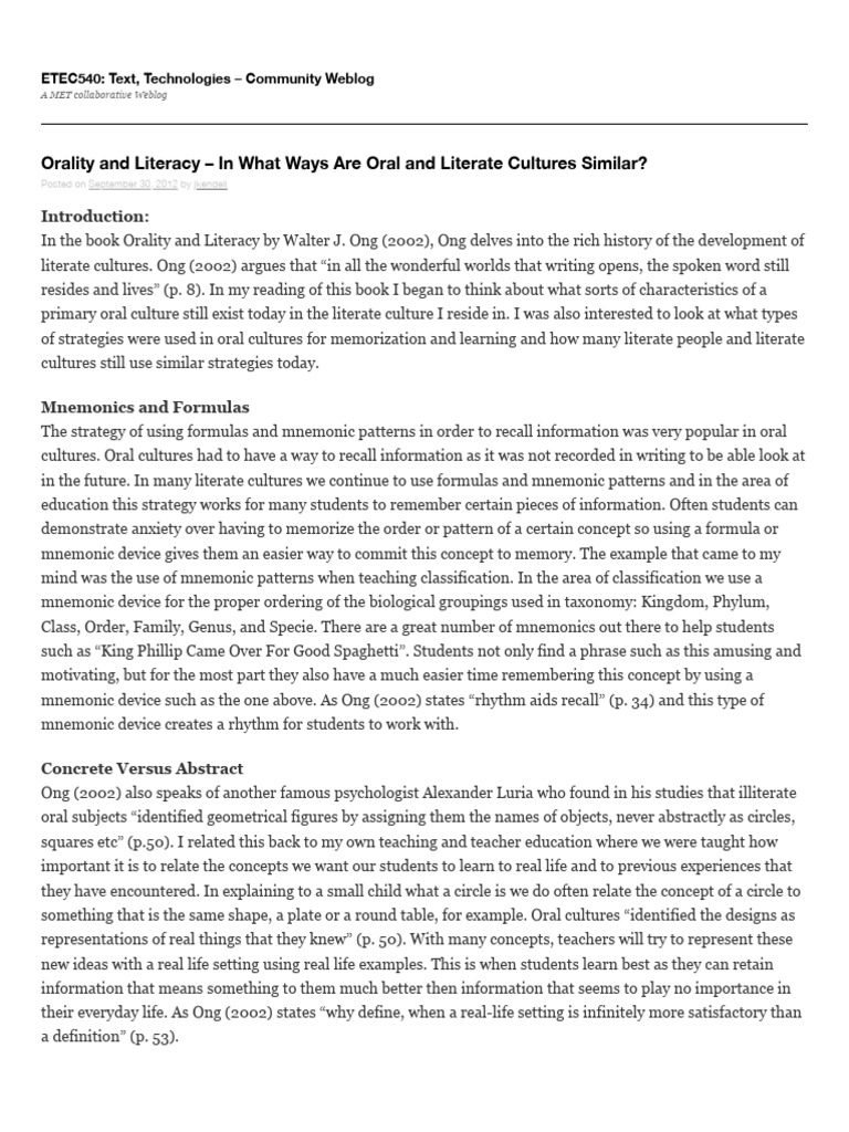 Orality and Literacy - in What Ways Are Oral and Literate Cultures ...