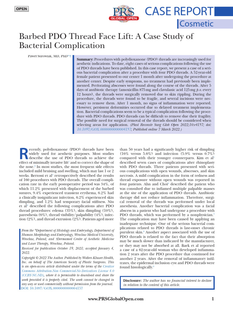 Barbed PDO Thread Face Lift A Case Study Of.10 | PDF