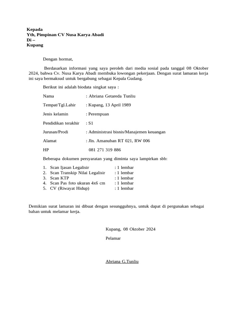 Kepada Yth, Pimpinan CV. Nusa Karya Abadi | PDF
