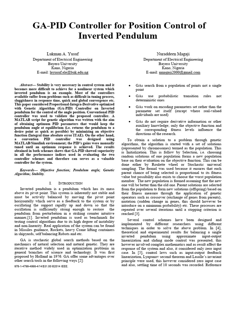 Comparison Of Fuzzy Logic And Ga Pid Controller For Position Control Of Inverted Pendulum Pdf