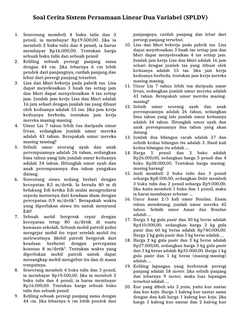 Soal Cerita Sistem Persamaan Linear Dua Variabel | PDF