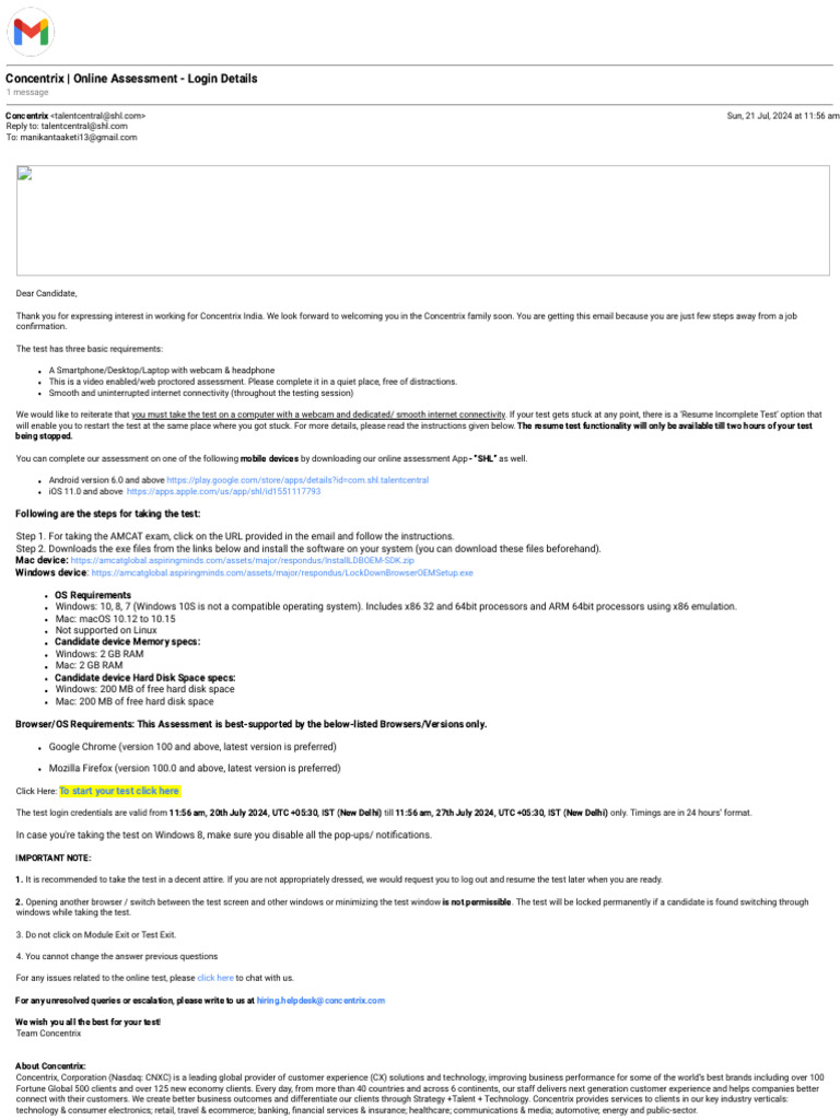 Gmail - Concentrix - Online Assessment - Login Details | PDF
