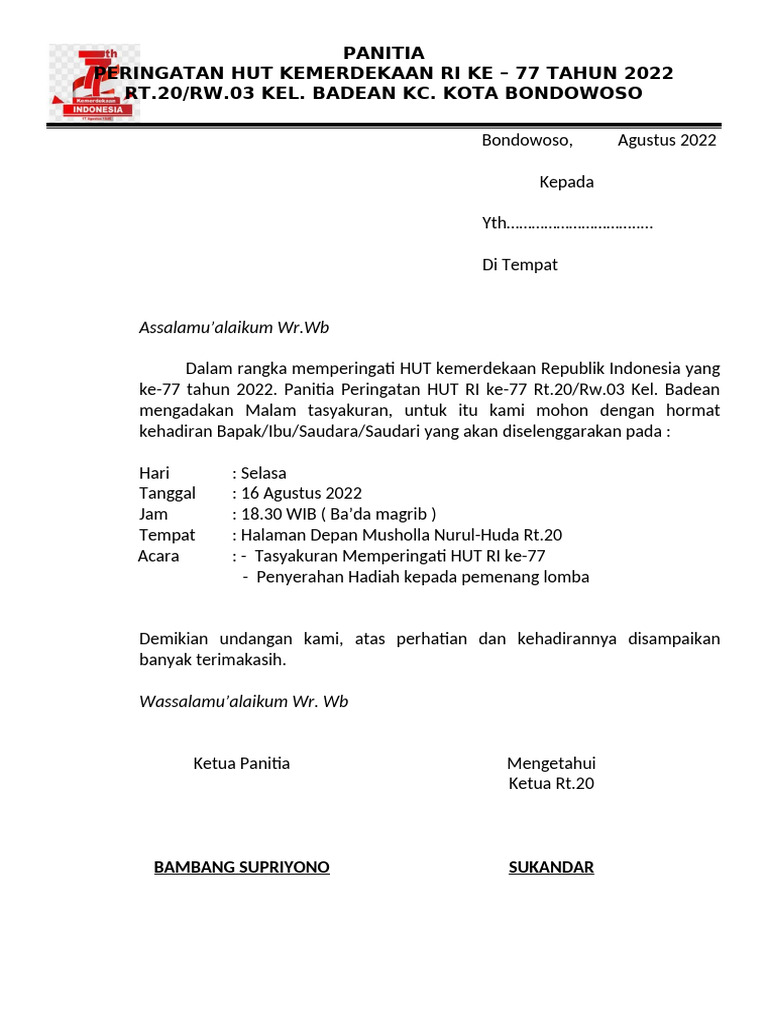 Undangan Hut Ri Rt. 20 | PDF