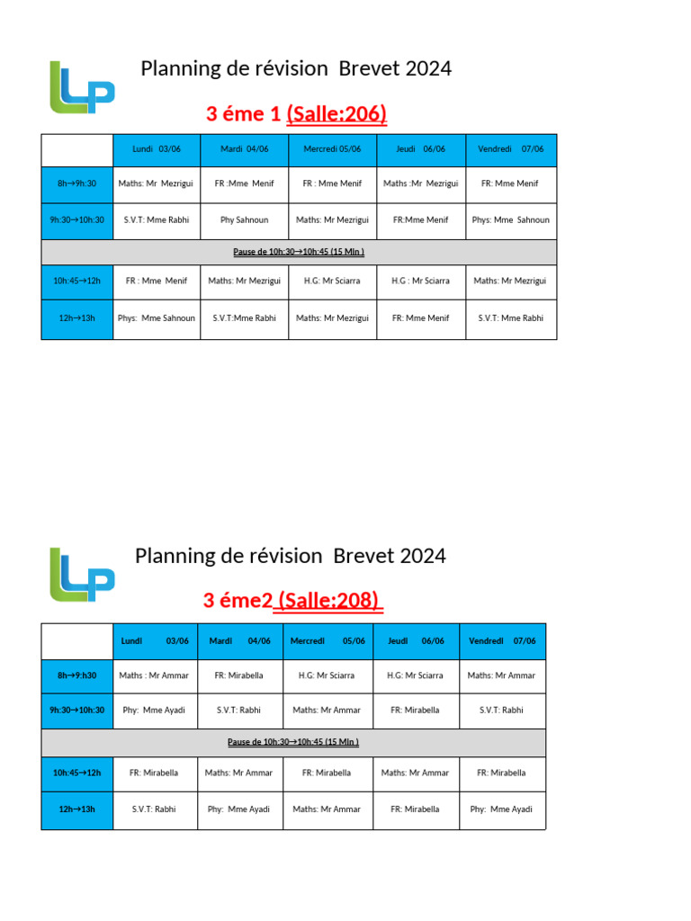 Planning Révision 3ème 2024 | PDF