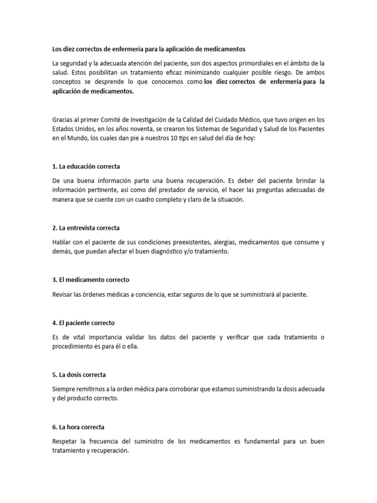 Los Diez Correctos de Enfermería para La Aplicación de Medicamentos | PDF