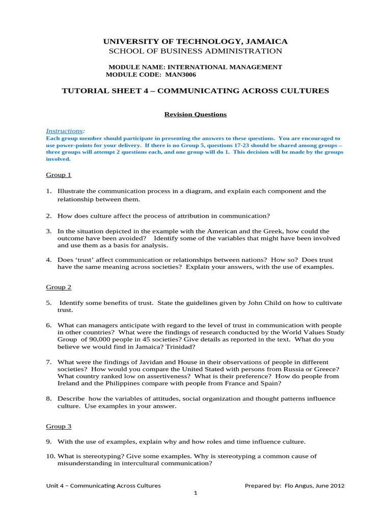 IM - Tutorial Sheet 4 - Communicating Across Cultures - STUDENT | PDF