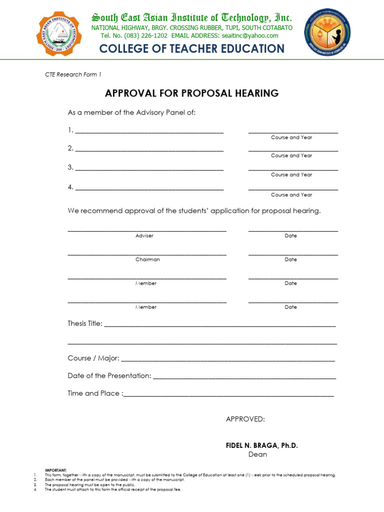 FORM 1 PROPOSAL HEARING APPROVAL FORM | PDF