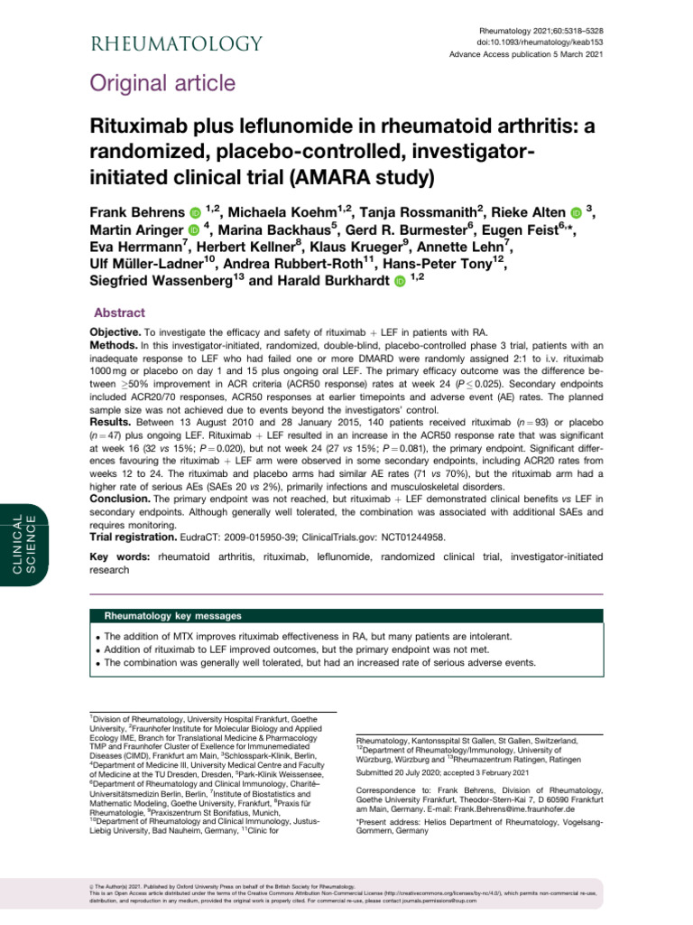 Rituximab Plus Leflunomide in Rheumatoid Arthritis: A Randomized ...
