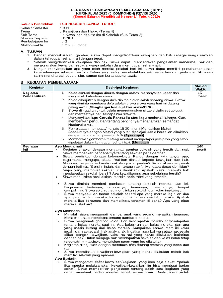 RPP Kls 3 Tema 4 Subtema W | PDF