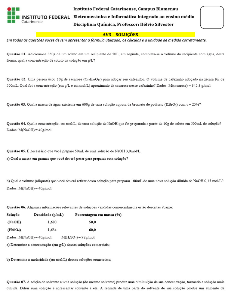 Modelo de Prova - AV3 - Solues | PDF | Concentração | Ciências e Matemática