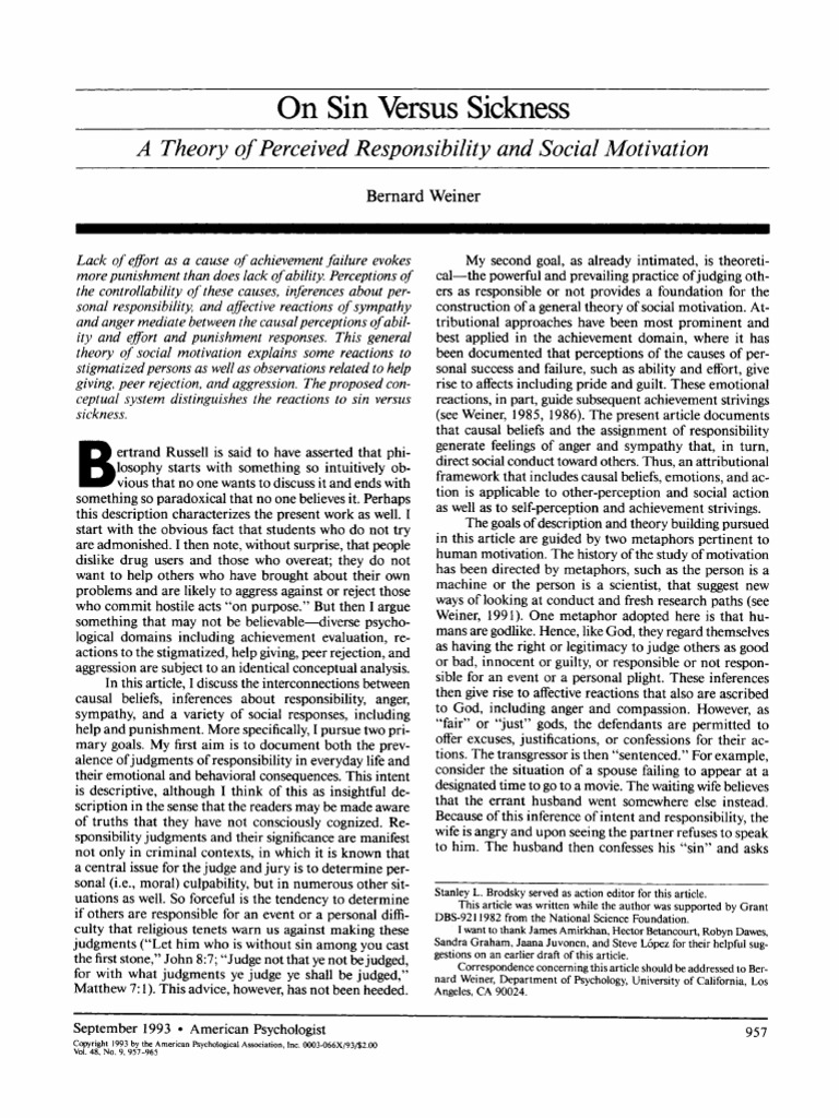 Weiner (1993) - Sin Versus Sickness A Theory of Responsibility and ...