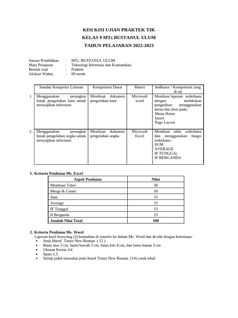 Kisi Kisi Ujian Praktek Tik | PDF